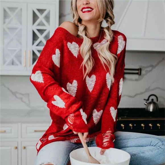 BiBi | Sweaters | Bibi Red Long Sleeve Distressed White Heart Sweater ...